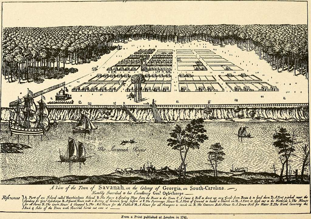 1741 engraving showing an aerial view of early Savannah with the ...